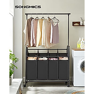 SONGMICS 4-Section Laundry Sorter, Rolling Laundry Cart with Hanging Bar, Laundry Organizer, Hampers for Laundry, Heavy-Duty, Lockable Wheels, 4 x 13.2 Gal., Black URLS44B