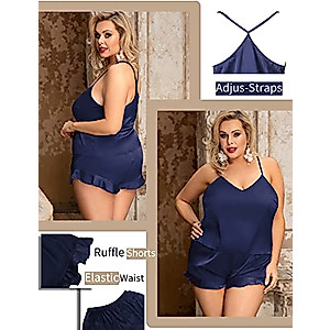 ohyeah Silk Pajamas for Women Set, PJ Set for Women Silk Satin Spaghetti Strap Tank Top Cross Back Shorts Set Blue XL-2X