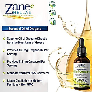 Zane Hellas 70% Oregano Oil. Greek Essential Oil of Oregano .86% Min Carvacrol. 112 mg Carvacrol Per Serving. Probably The Best Oregano Oil in The World. 1 fl. oz.- 30ml