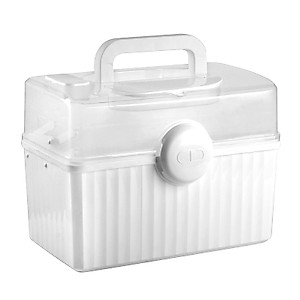 Qiveno 11in 3-Layer Multipurpose Storage Box, Plastic Dividing Craft Organizer and Storage Box/Art & Crafts Case/Sewing Supplies Organizer/Medicine Box/Family First Aid Box with 2 Trays(White)