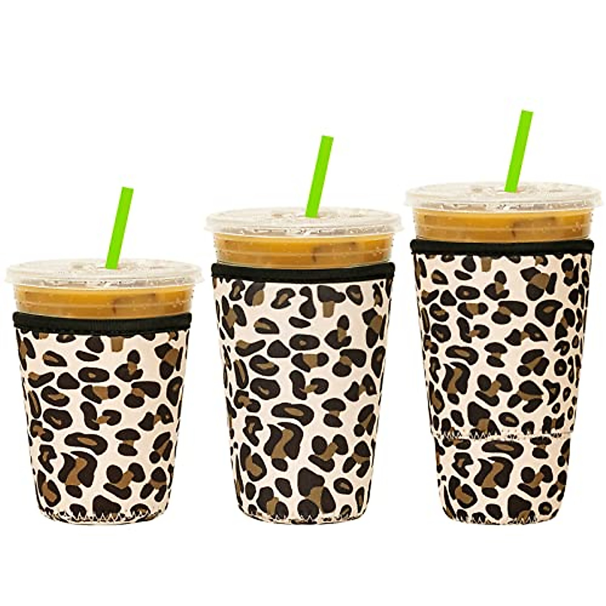 Kiatoras 3 Pack Reusable Iced Coffee Sleeve Neoprene Insulator Sleeve for Iced Coffee Cups or Cold Beverages Cups (Leopard)