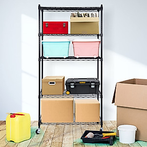 ZENY 5-Shelf Heavy Duty Shelving Storage Unit with Casters, Metal Organizer Wire Rack for Kitchen, Office, Garage, Black