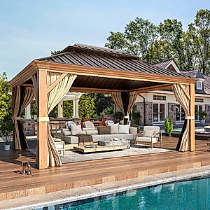 Erinnyees 12' x 14' Aluminum Wood Grain Hardtop Gazebo, Outdoor Aluminum Double Roof with Privacy Curtain and Mosquito Net for Patio, Lawn, Garden, Backyard(Wood Looking)