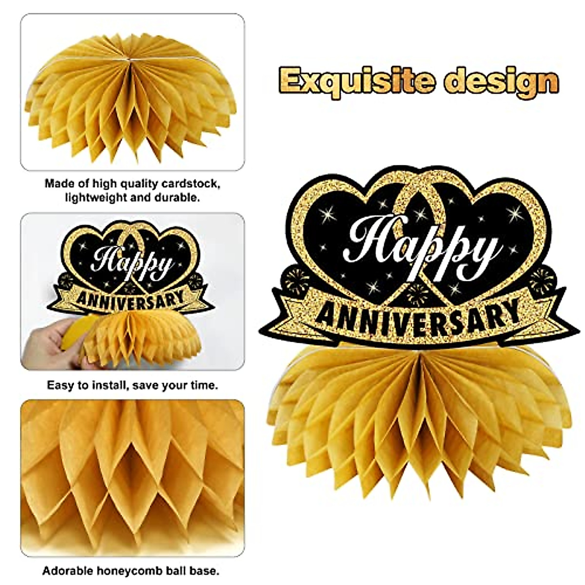 8Pcs Happy Wedding Anniversary Decorations Table Honeycomb Centerpieces, Anniversary Theme Party Supplies for Adult, Black Gold 10th 20th 30th 40th 50th 60th Anniversary Table Sign Decor
