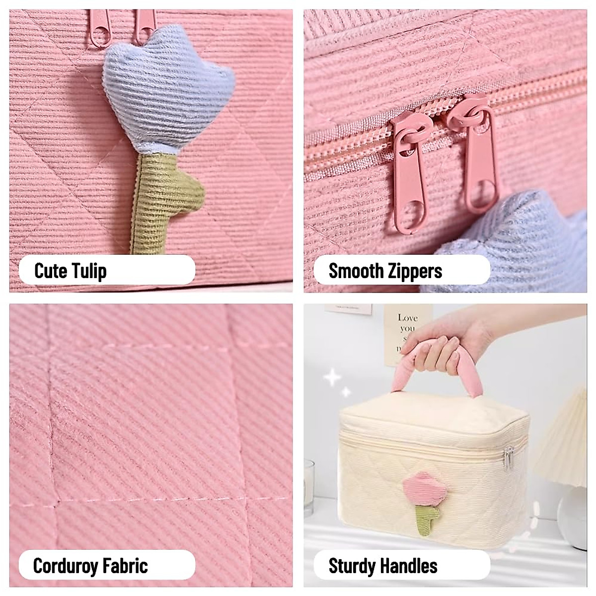 Cute Tulip Cosmetic Bag Large Capacity Makeup Bag Multifunctional Portable Wash Pouch for Travel Lightweight Skincare Toiletry Bag for Women (White)