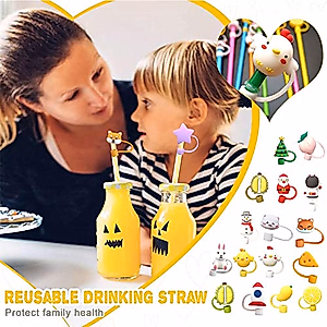 PLGEBR Reusable Straw Tips Cover, Silica Gel Straw Covers Cap,3D Cartoon Pattern Shape Straw Protector