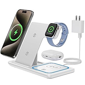 Wireless Charger, 3 in 1 15W Fast Charging Dock Stand for iPhone 15/14/13/12/11/Pro Max/XS/XR/X/8 Plus/8, Compatible with Apple Watch Series and AirPods 3/2/Pro （White）