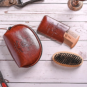 Menesia Beard Brush and Comb set, Boar Bristle Hair Beard Brush Kit with Small Leather Travel Toiletry Bag Case for Men, include Men's Wooden Mustache Comb & Nose Hair Scissors