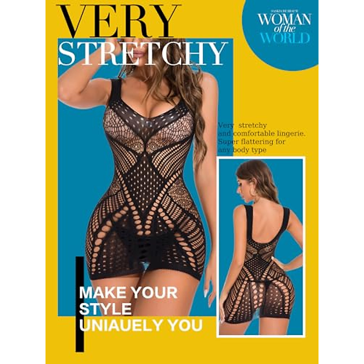 SeaFever Sexy Lingerie for Women Fishnet See Through Bodysuit One Piece V-Neck Mini Dress Intimates Sex Clearance Strapless Mesh Chemise Babydoll (Black)