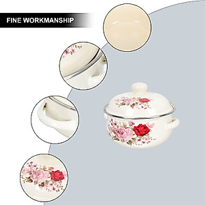 1L Flower Enamel Stock Pot with Lid Large Cooking Pot Flat Bottom Stew Pot for Soup, Stew, Canning