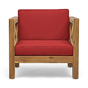 Great Deal Furniture Indira Outdoor Acacia Wood Club Chair with Cushion, Teak Finish and Red