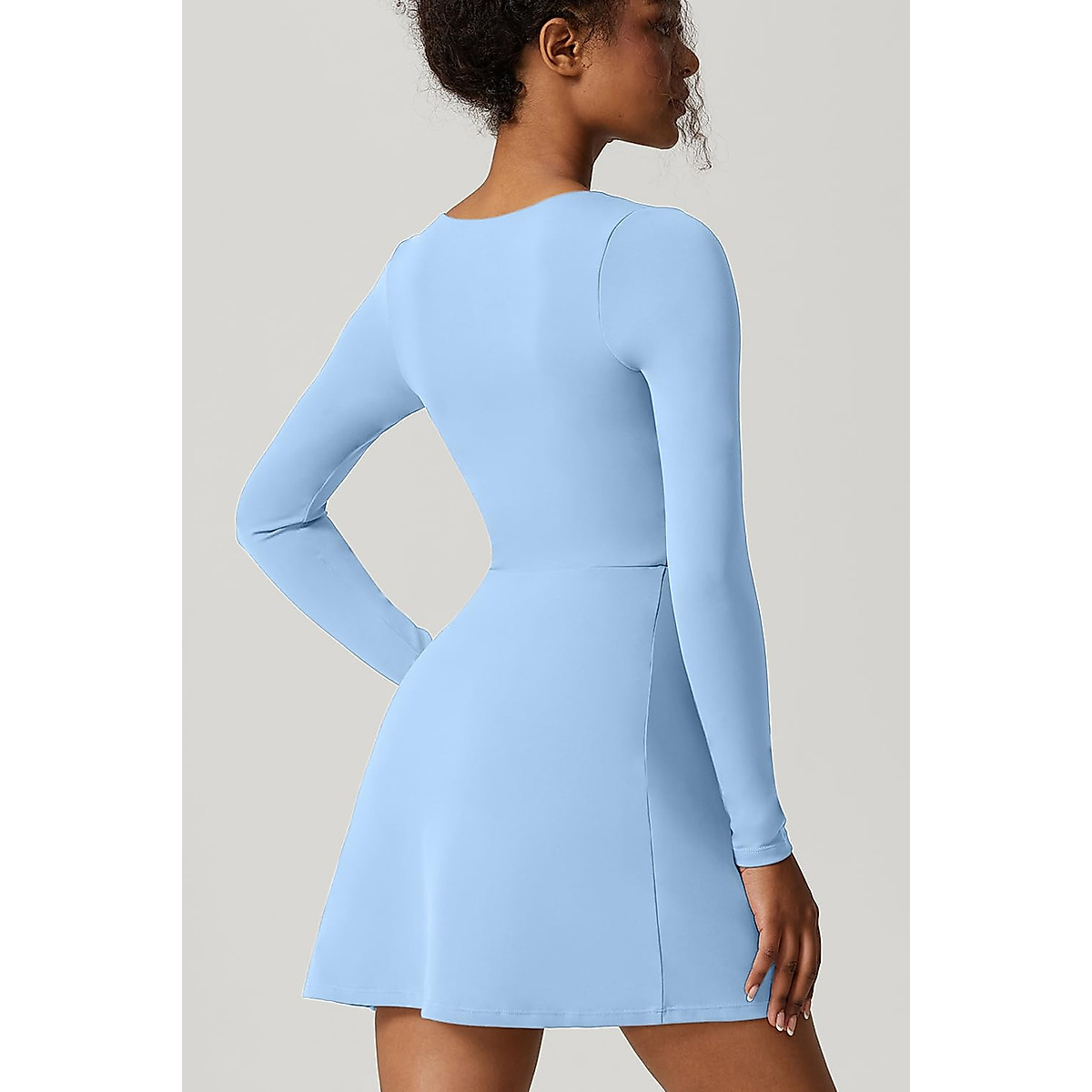 QINSEN Womens Airy Blue Mini Dress for Casual Long Sleeve High Waist Bodycon Dresses S