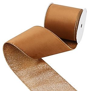 HUIHUANG Velvet Wired Ribbon 4 inch Copper Christmas Tree Ribbon Double-sided Glitter Copper Wire Ribbon for Christmas Tree, Wreaths, Tree Top Bows, Garland, Home Decor-10 Yards