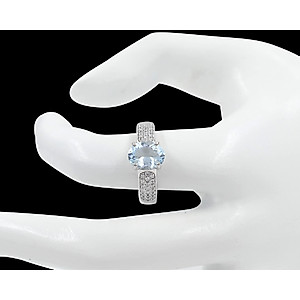 9X7 MM Natural Deep Color Aquamarine Gemstone 925 Sterling Silver March Birthstone Solitaire Unisex Promise Ring For Engagement (Rhodium Plated Silver, 6.5)