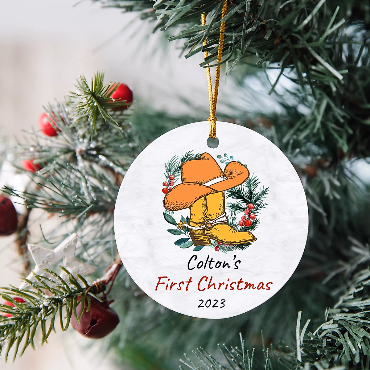 MeMate Personalized Babys First Christmas 2023 Ceramic Ornament, Western Baby's 1st Christmas Ornaments Keepsake, Cowboy Baby Name Ornaments, Christmas Decoration for Newborn