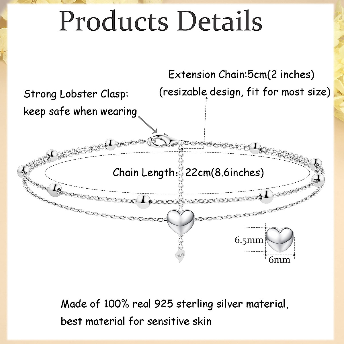 MILACOLATO Anklet for Women 925 Sterling Silver Ankle Bracelet 18K White Gold Plated Heart Beads Layer Ankle Bracelet Ajustable Foot Ankle Bracelet Beach Jewelry, Style F