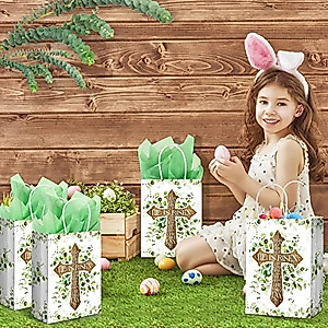 16 Pack Easter Gift Bags with Tissue Handles Easter Goodie Bag Easter Paper Tote Bag He Is Risen Cross Sign Easter Party Treat Bags for Egg Hunts Candy Treat Gifts Supplies