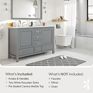 Eviva 48 Inch Bathroom Vanity with Sink-Gray Bathroom Vanity with Carrara Marble Top -Freestanding Double Sink Bathroom vanities with Spacious Storage -Bathroom Sink Cabinet and Wood countertop Combo