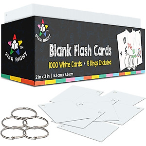 Blank Flash Cards for Studying - 2" x 3" Blank Index Notecards - 1000 Pre Hole Punched White Index Cards with Metal Binder Rings - Blank Flashcards for GMT Prep, Math, and Language