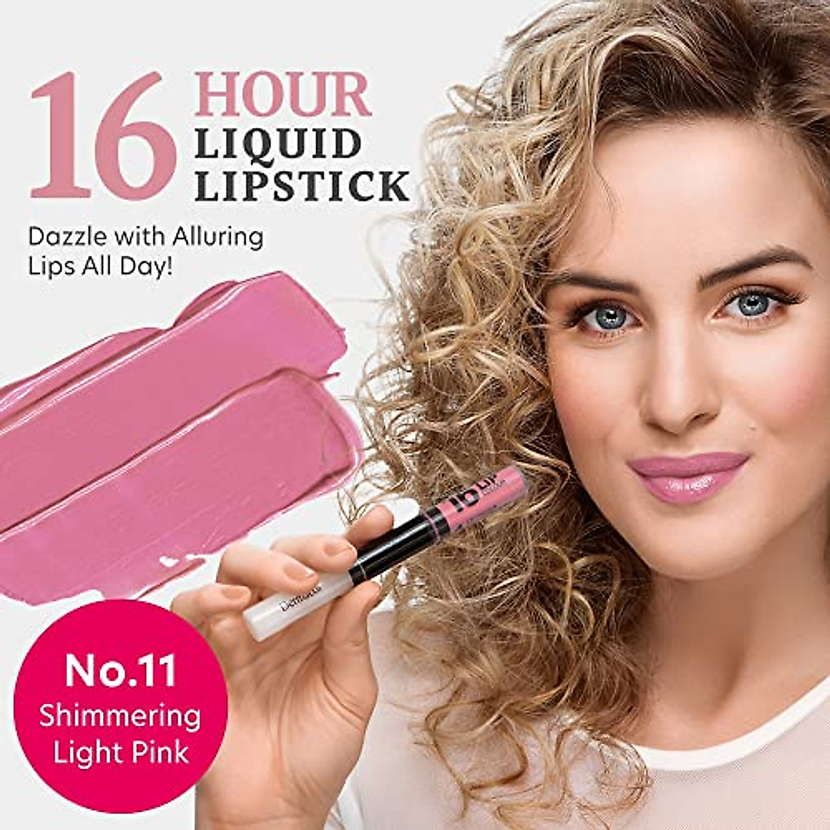 Dermacol - 16-Hour Lip Colour, Highly Pigmented Glossy Lip Stain, Two-Phase Lip Plumper Gloss, Kissproof Lip Makeup Products with Matte and Glitter Finish, No.11 Shimmering Light Pink Lipstick, 7.1 mL