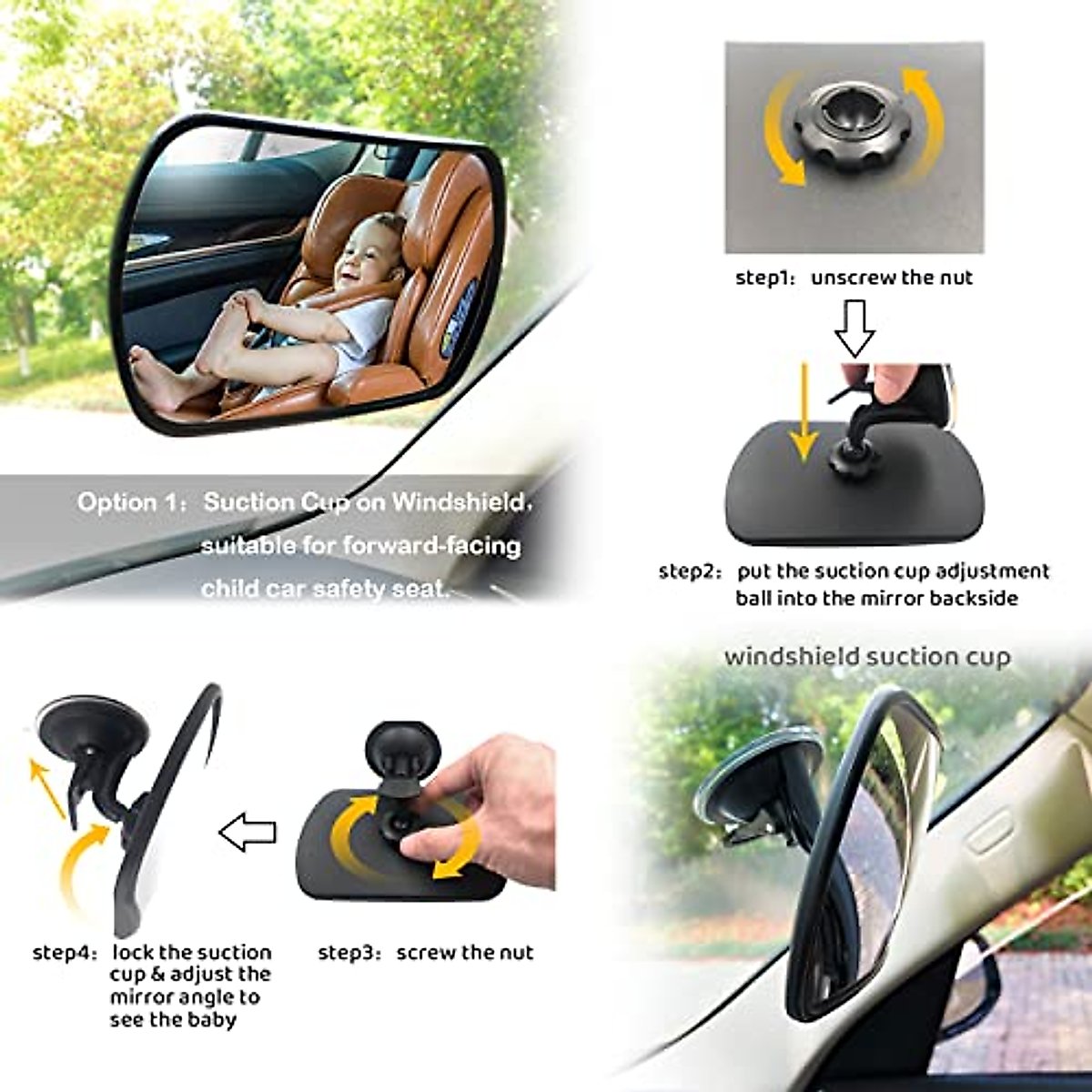 KINSEI Baby Car Mirror - Rear View Baby Car Back Seat Mirror - Child Observation Mirror Wide Convex and Shatterproof - 2 way of Connection Suitable for both Rear-facing and Forward-facing