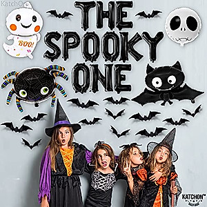 KatchOn, The Spooky One Balloons Set - Large, Pack of 28 | The Spooky One Birthday Decorations Boy | Scary Halloween Foil Balloons with 3D Black Halloween Bat Stickers | Halloween Birthday Decorations