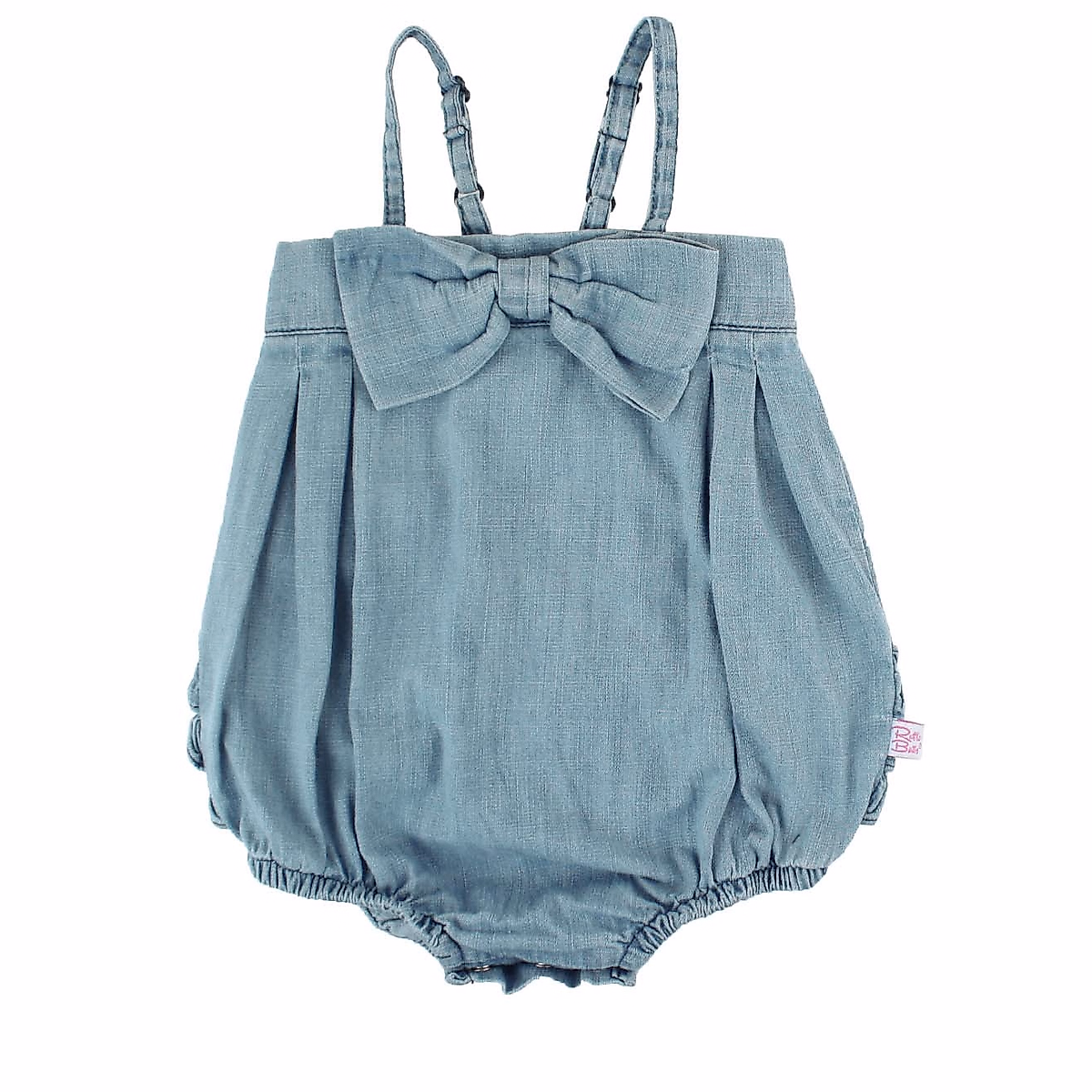 RuffleButts® Baby/Toddler Girls Light Wash Denim Bow-Front Bubble Romper - 3-6m