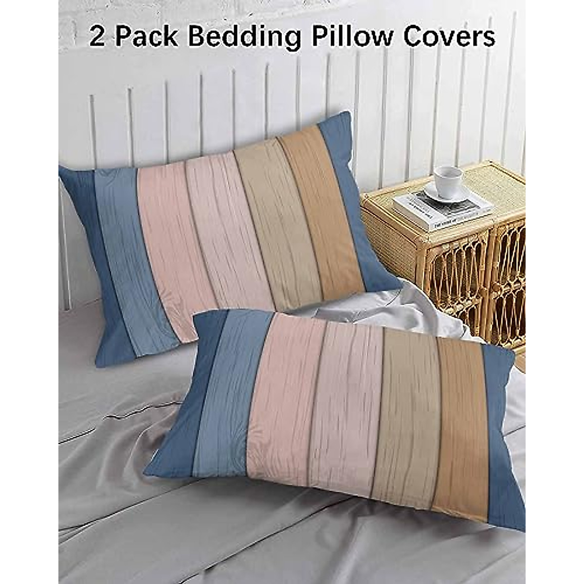 Edwiinsa Blue Pink Ombre Pillow Covers Standard Size Set of 2 20x26 Bed Pillow, Farmhouse Brown Wooden Striped Plush Soft Comfort for Hair/Skin Cooling Pillowcases with Envelop Closure