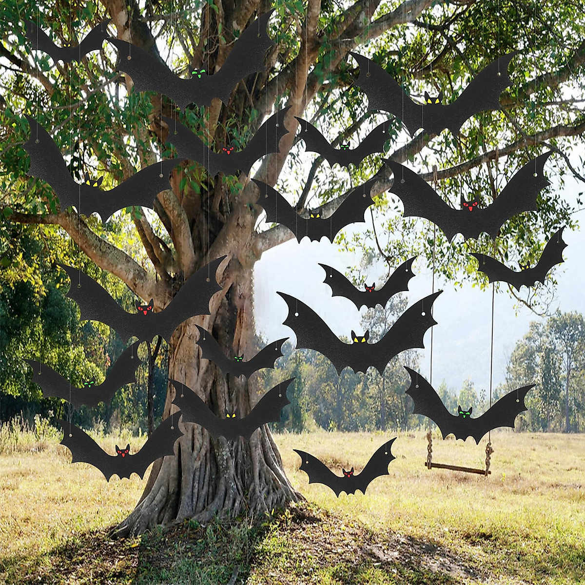 Hanging Bats Halloween Decoration Outside, Plastic Large Flying Bats with Glowing Eyes, Hanging, pasting Two Ways,Halloween Outdoor Tree Yard Porch Decoration Supplies(18 Pcs)