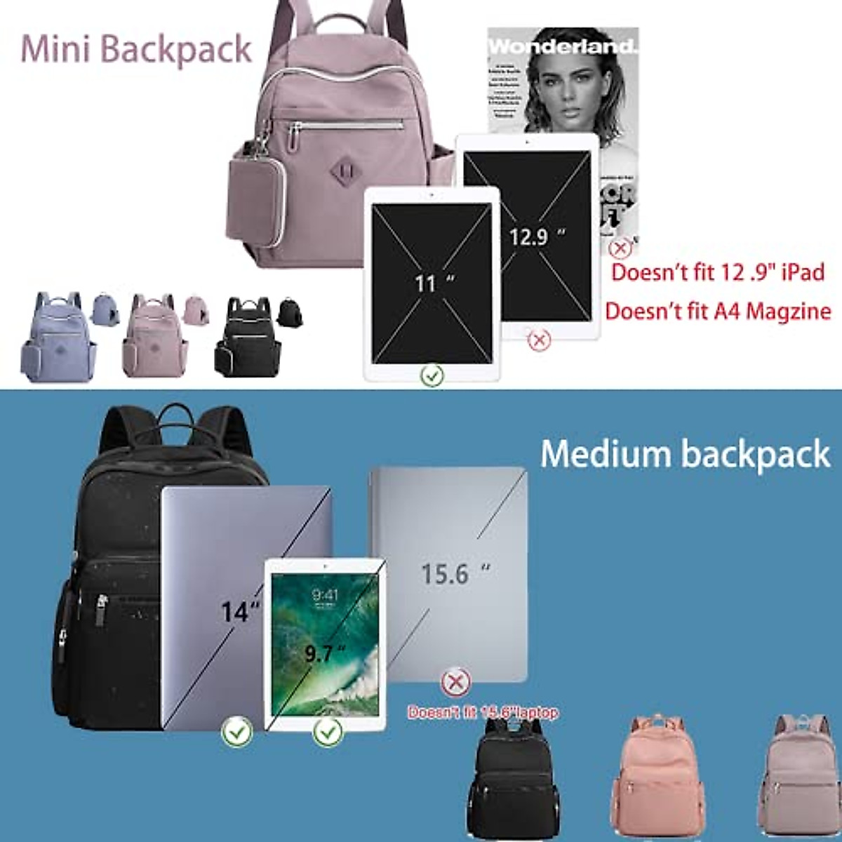 VAYEAH Medium Nylon Backpack for Women Lightweight Small Backpack Purse Travel Daypack (Black)