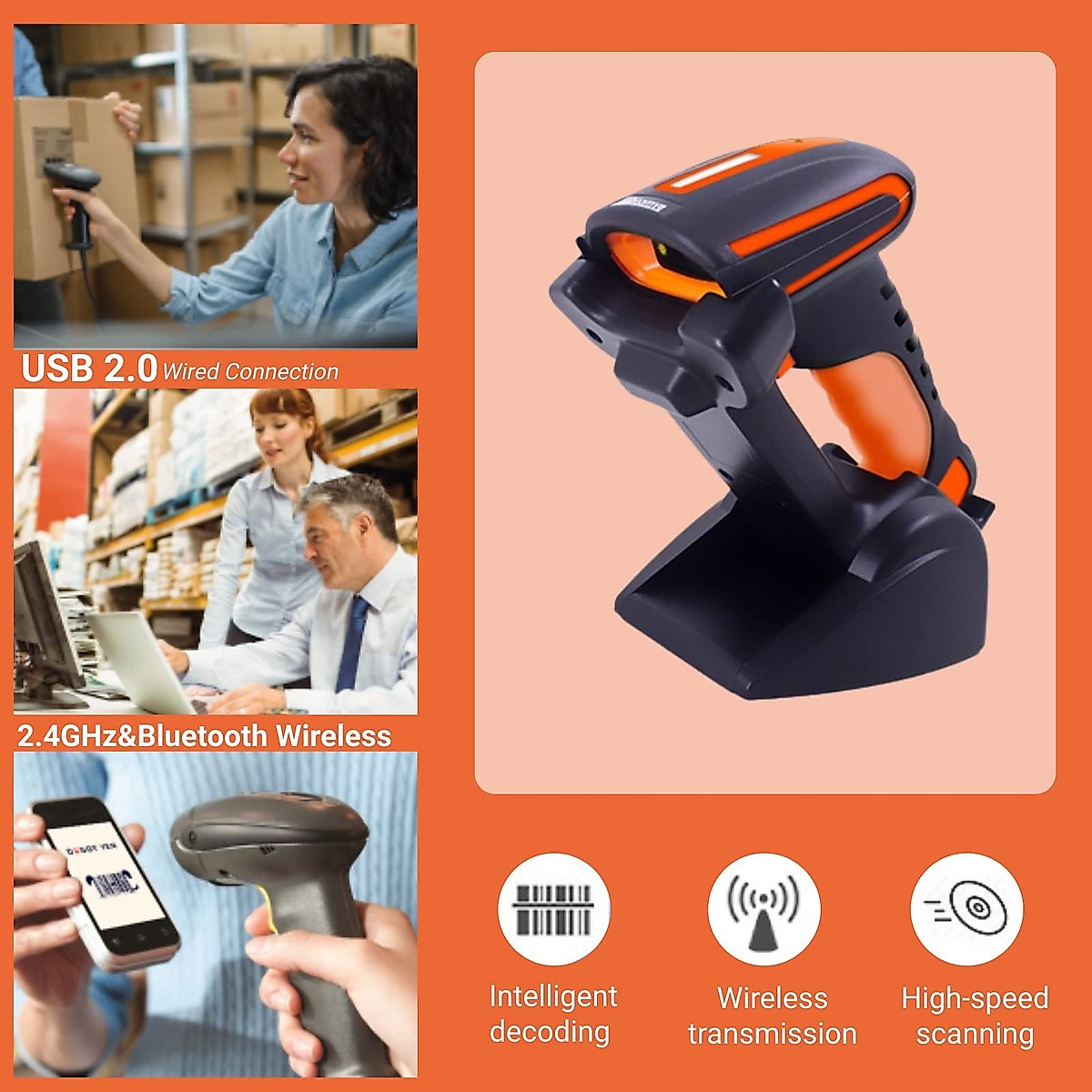 Wireless Barcode Scanner, 2020DB 2.4GHz Wireless Wired 3 Modes Handheld 1D 2D Bar Code Reader IP67 Waterproof with 2 Prompt Modes, for Supermarket Retail Warehouse​​​