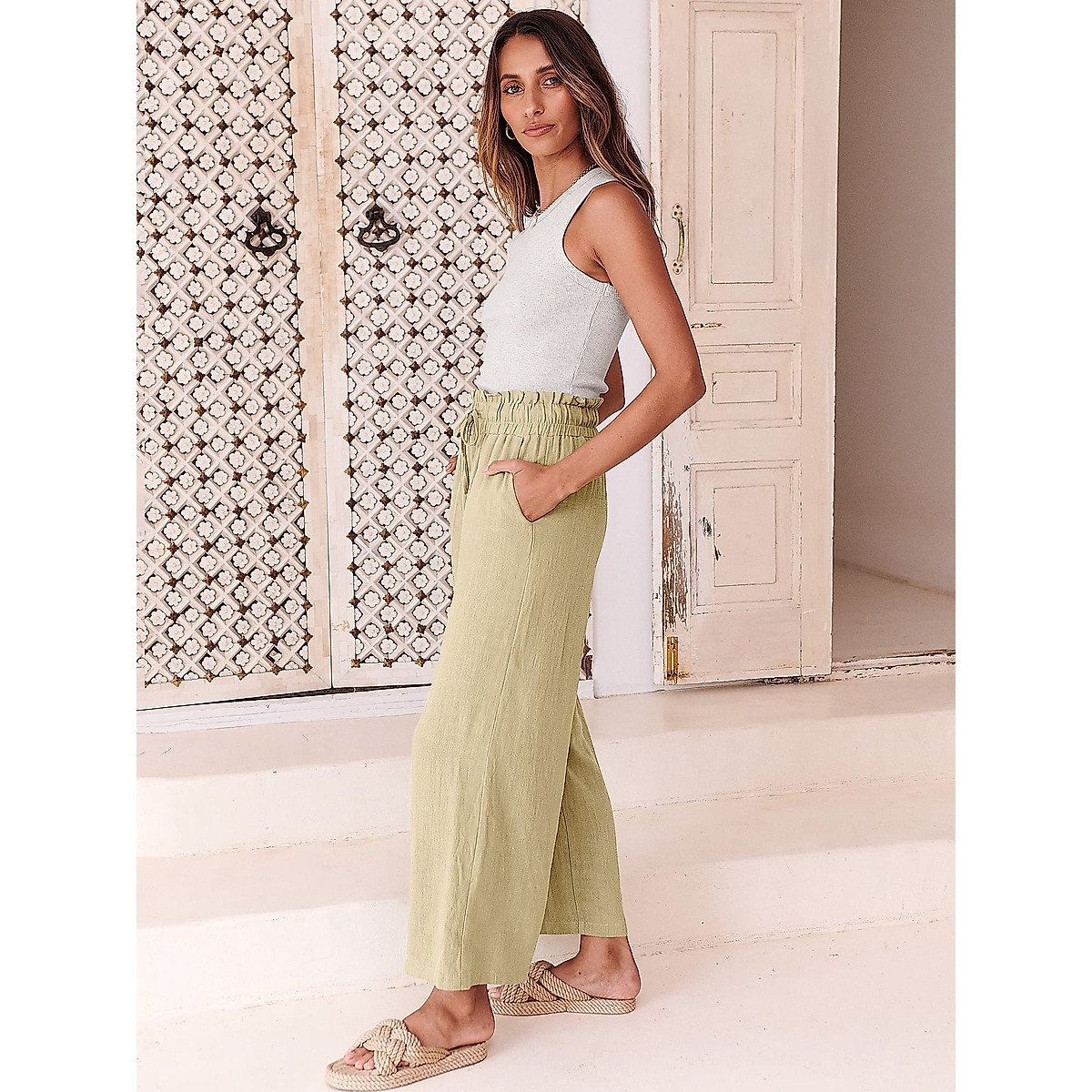 ANRABESS Women Linen Pants Casual Loose High Waist Boho Wide Leg Cropped Palazzo Beach Pants Summer Outfits 2025 Trendy Small Apricot