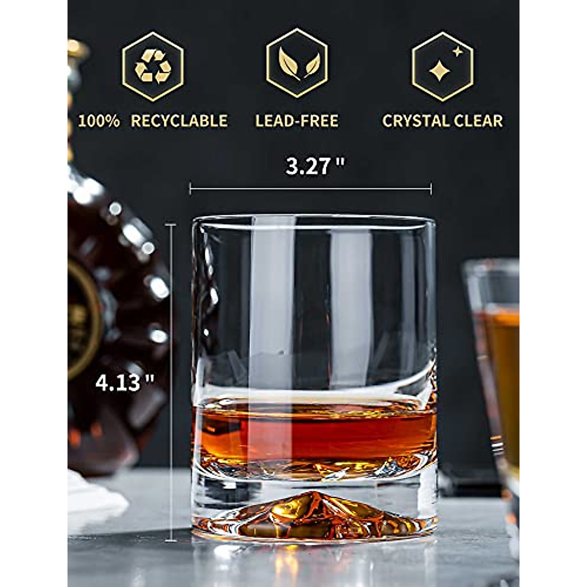 JBHO Hand Blown Crystal Double Old Fashioned Cocktail, Solid Whiskey Glasses, Rocks Glasses, Lowball Glasses - 12 Ounce - set of 2 - Perfect Size for Oversized Ice Cubes