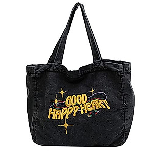 Retro Y2K Denim Shoulder Bag, Hobo Crossbody School Bag, Aesthetic Handbag Fairy Grunge Tote Bag (black)