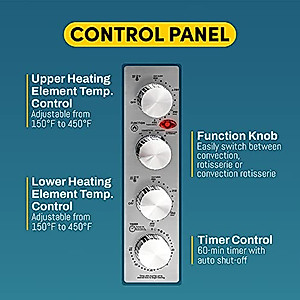 Elite Gourmet ETO4510B French Door 47.5Qt, 18-Slice Convection Oven 4-Control Knobs, Bake Broil Toast Rotisserie Keep Warm, Includes 2 x 14" Pizza Racks, Stainless Steel