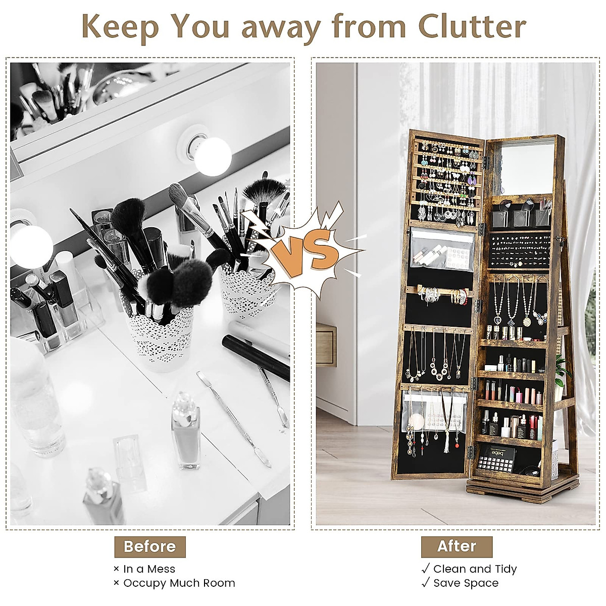 COSTWAY 360 Rotating Jewelry Armoire Cabinet, Standing Jewelry Organizer w/Full-Length Mirror & Large Storage Space, Lockable Mirror Jewelry Cabinet for Girls Women (Rustic Brown)