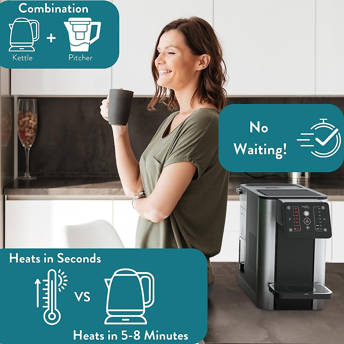 Aqua Optima AUR002 Improved Quick Heating Hot Water Dispenser, Water Cooler, Electric Kettle, Countertop Water Filter, 7 Temperatures, Dispenses Cold Water, Zero Installation, Includes 1 Filter