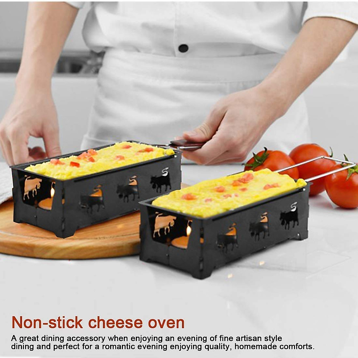Cheese Raclette Set, Portable Candlelight Raclette Pan Foldable Non-Stick Rotaster Baking Tray Stove Set with Spatula Home Kitchen Grilling Tool