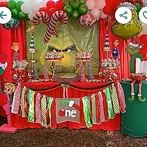 Christmas High Chair Banner, Christmas 1st Birthday Sign Banner, Candy Cane Red & Bright Green Highchair Garland,Christmas Crown Hat for Kids Christmas First Birthday, Photo Booth Props And Cake Smash