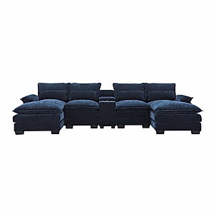 ONEMMLION Sectional Sofa Cloud Couch for Living Room, 123" Modern Fluffy Chenille U Shaped Couch, Comfy Modular Sofa Sleeper with Storage Console & Cup Holders & USB Ports for Apartment, Blue