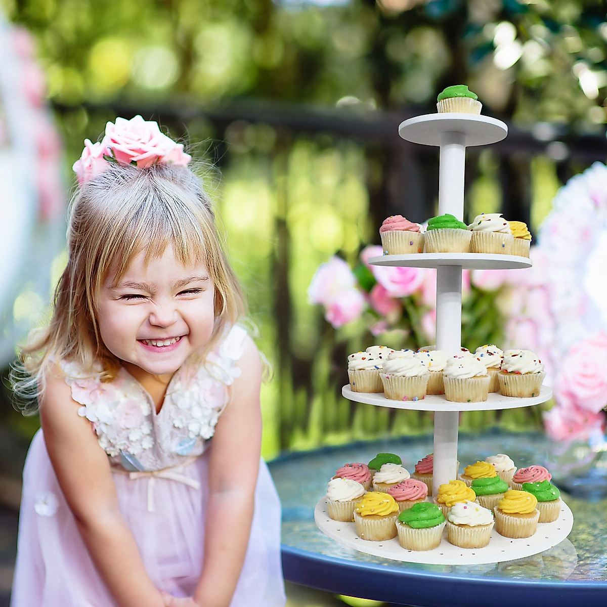 Darware Cake Pop/Cupcake Stand (4-Tiered); White Wooden Dessert Display for Parties and Special Events