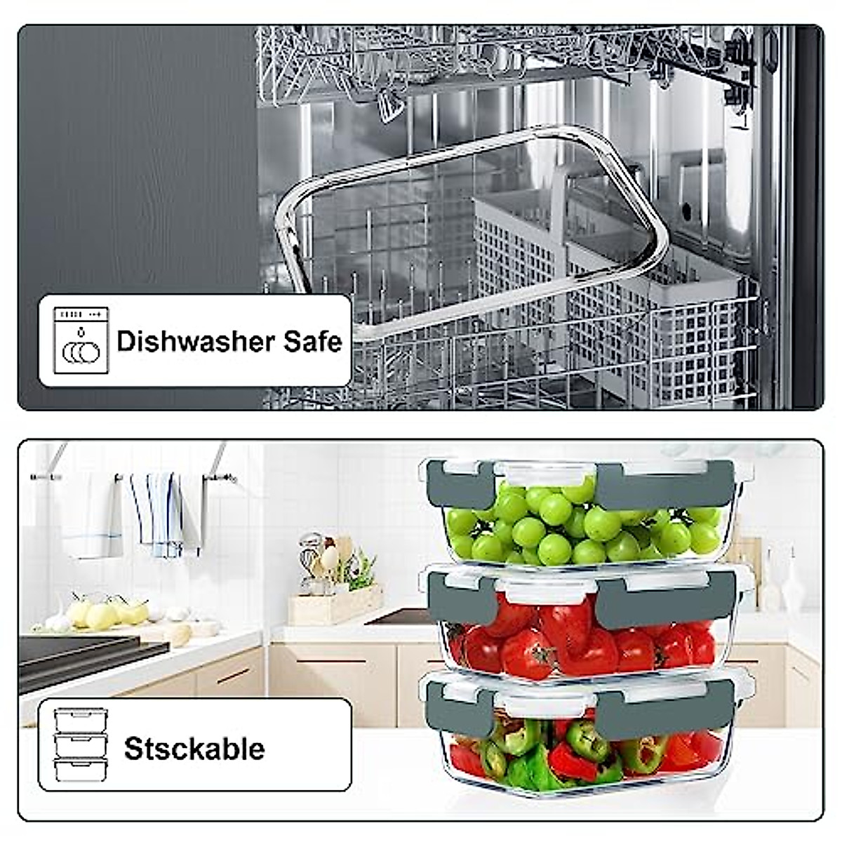 VERONES 10 Pack 22 OZ Glass Meal Prep Containers, Airtight Glass Lunch Containers Set, Glass Food Storage Containers with Lids,BPA-Free, for Microwave, Oven, Freezer & Dishwasher Friendly,Grey