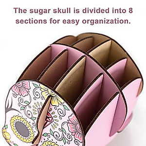 Sugar Skull Pen Pencil Holder, Large Wooden Pen Organizer for Desk with 8 Compartments, Unique Desk Organizer for Office Supplies Makeup Brush Skull Gifts for Women, Skull Desk Accessories (Pink)
