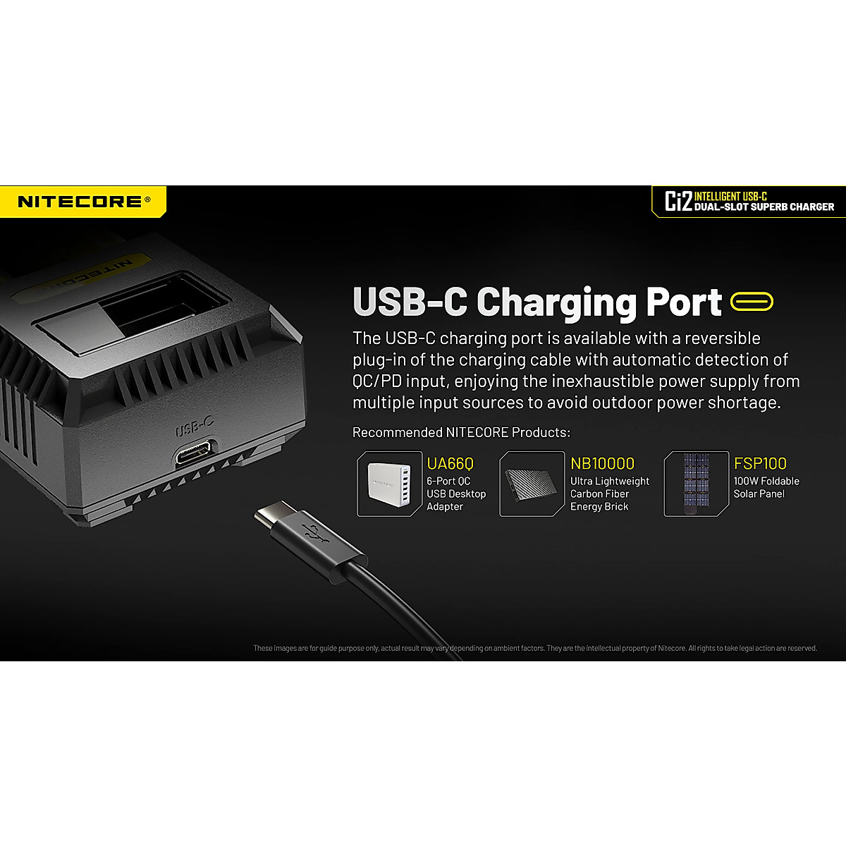 Nitecore Ci2 2 Bay Universal Battery Charger Support 16340 14500 18650 21700 Lithium Ion AA AAA Ni-MH Ni-CD, USB-C QC PD with Lumentac Battery Organizer