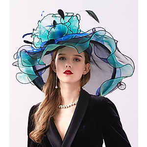 TLMNU Women Derby Church Hat Organza Flower Wedding Tea Party Fascinator Hat Wide Brim Sun Hat 01Green,Blue