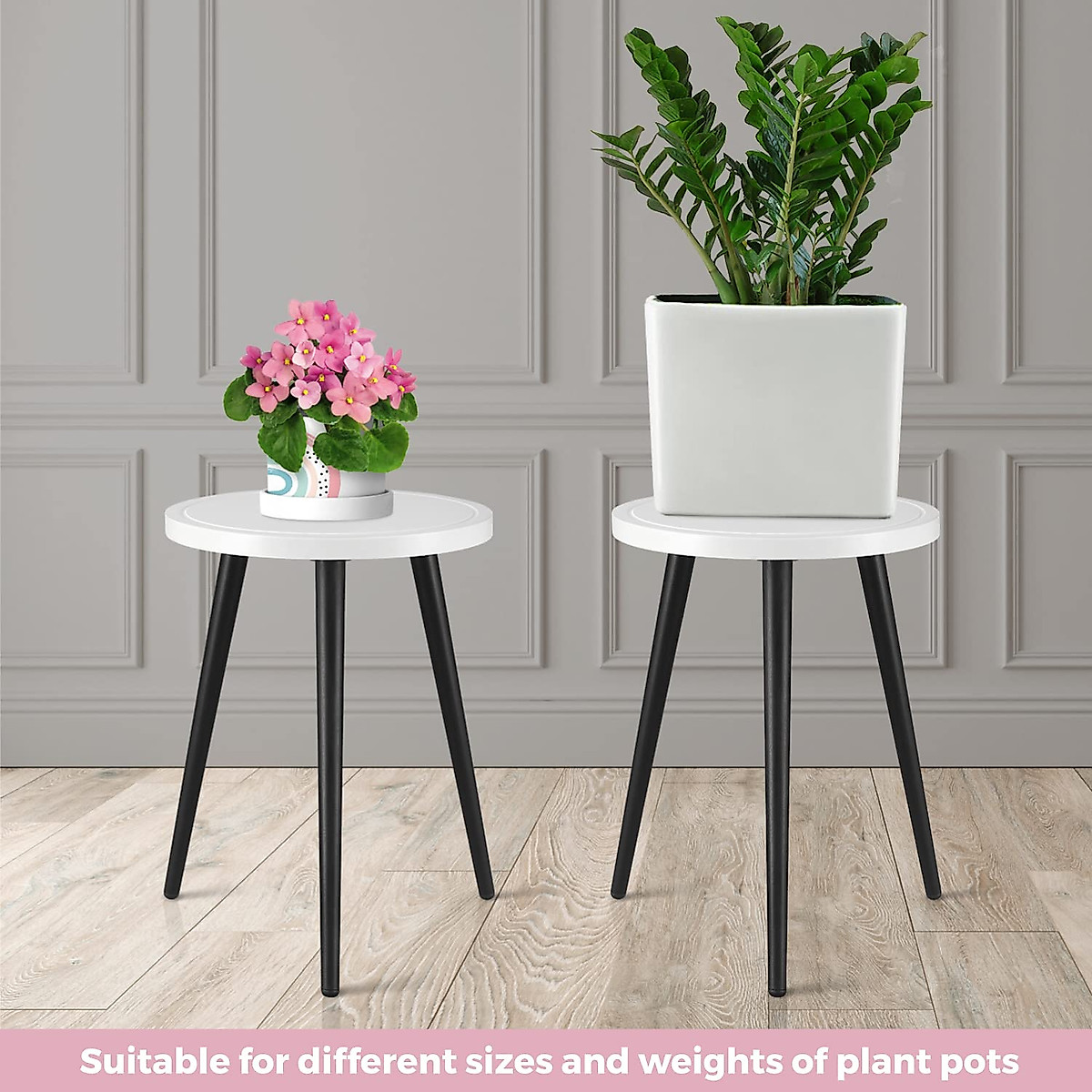 Indoor Plant Stand with Metal Legs, 16" Tall Plant Holder for Flower Pots, Mid Century Wooden Plant Stand Plant Table for Flower Pots, Modern Home Decor Small Round Side End Table (White Set 2)
