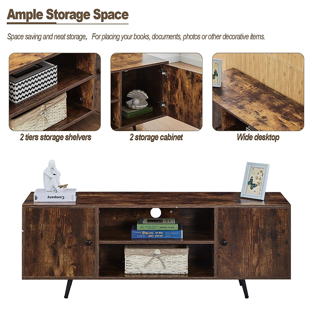 CLIPOP Mid Century Modern TV Console, 55" TV Stand for 65 Inch TVs, Wooden Entertainment Center with Storage, Open Shelf, Metal Leg for Living Room, Bedroom TV Cabinet for Flat Screens, Rustic Brown