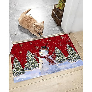 Yun Nist Christmas Snowman Bathroom Rug,Xmas Tree Red Soft Shag Rug Non Slip Doormat,Winter Snowflakes Absorbent Carpet Furry Cozy Floor Mat for Kitchen Bedroom Living Room 16x24in