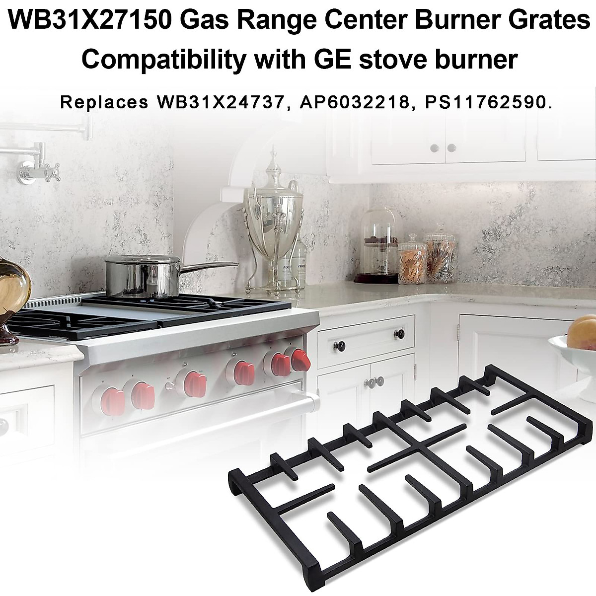 WB31X27150 Center Grate for GE Gas Stove, Replace JXGRATE1 WB31X24737 General Electric Gas Range Burner Grate, Stove Surface Top Center Grate Cast Iron Rack