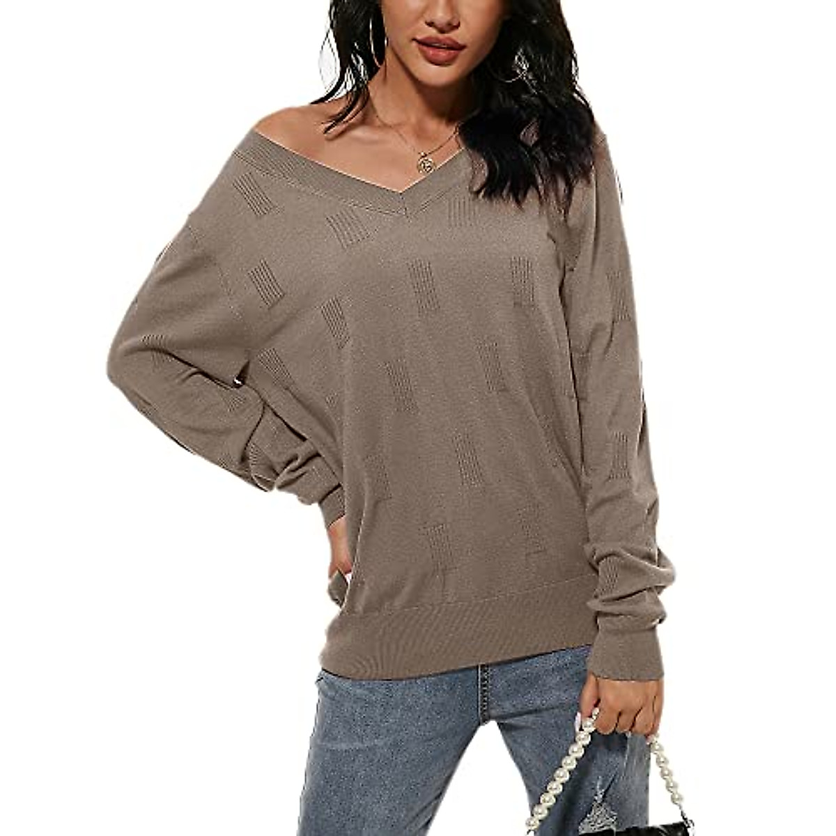 Arach&Cloz Women's Spring Fall Tops Fashion 2023 V Neck Long Sleeve Pullover Jumper Knitted Casual Sweater (Nutmeg, Medium)